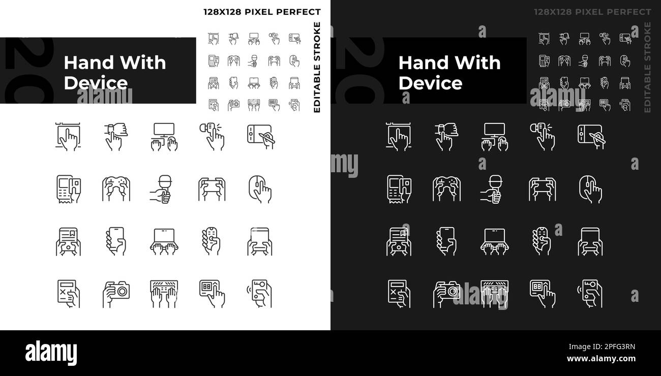 Hands with devices pixel perfect linear icons set for dark, light mode Stock Vector Image & Art ...