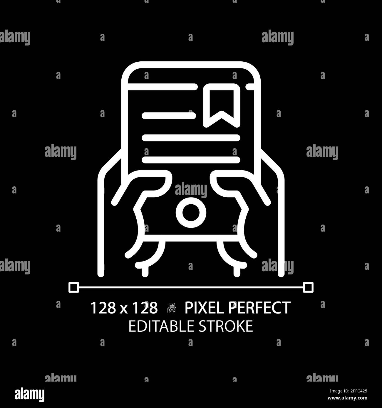 Hand with ebook pixel perfect white linear icon for dark theme Stock ...