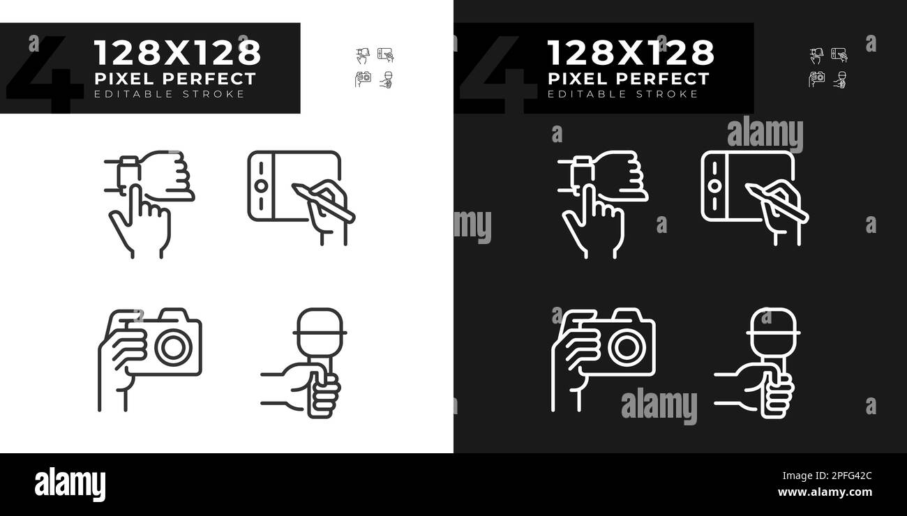 Hands with different devices pixel perfect linear icons set for dark, light mode Stock Vector ...
