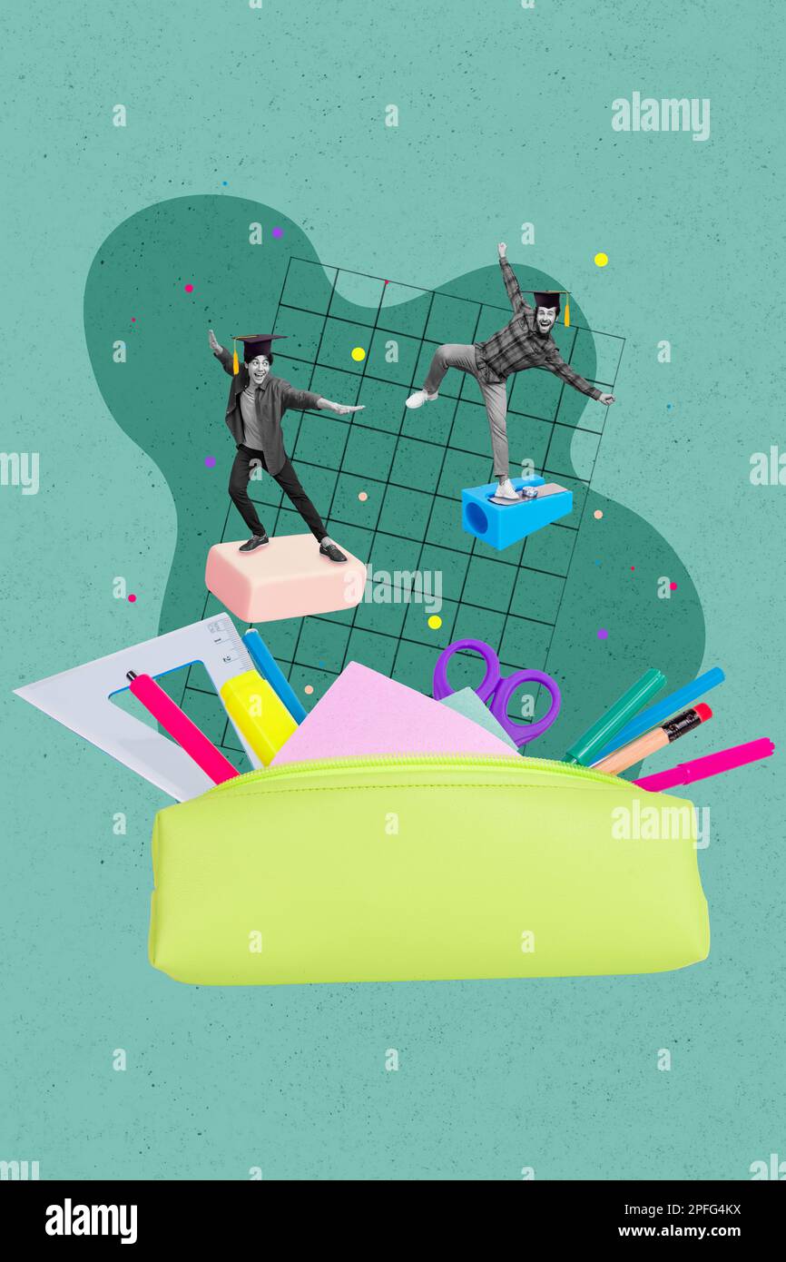 Vertical collage image of two mini black white colors guys stand eraser ...