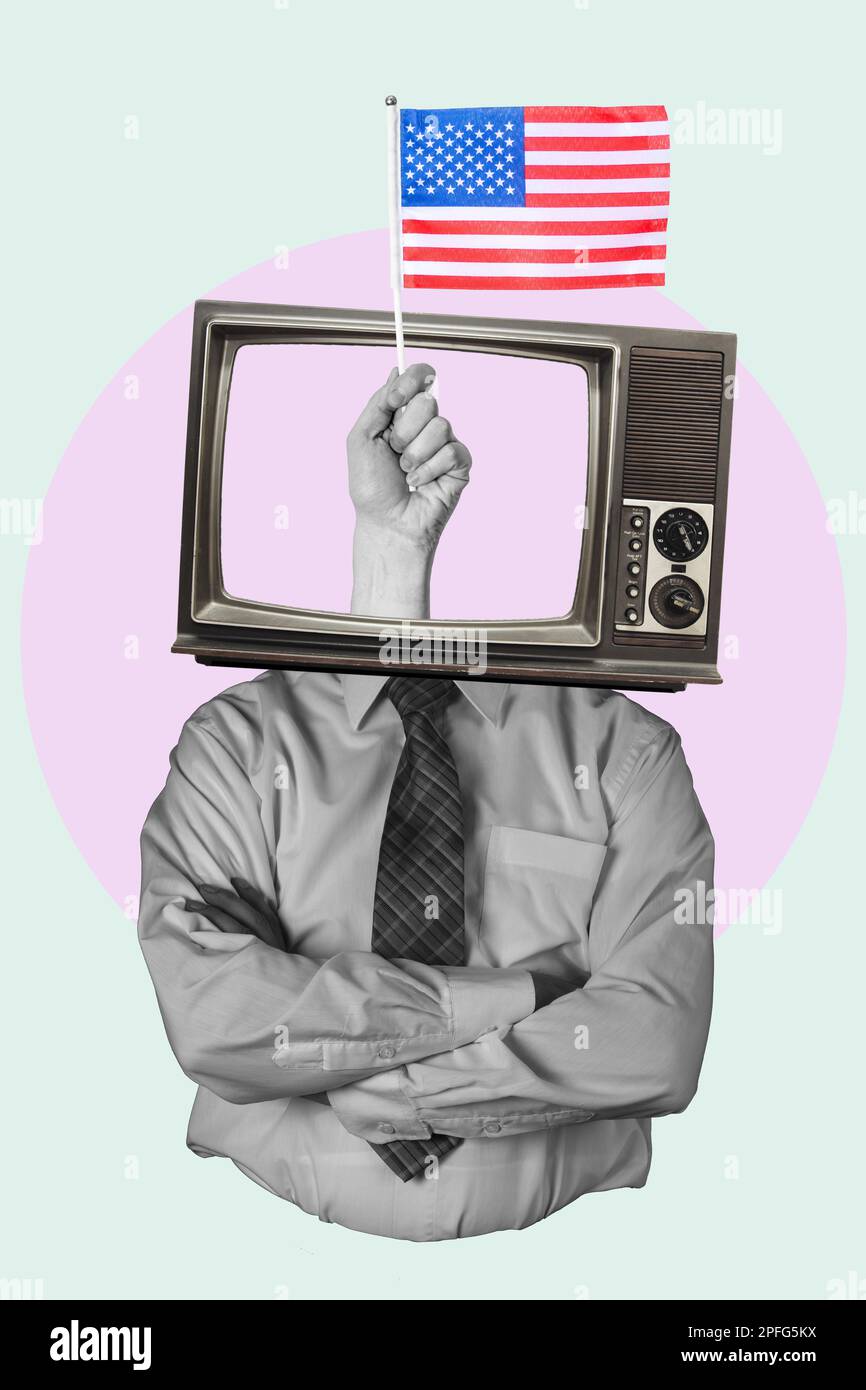 Art collage, American flag from TV, standing man in the shirt on a ...