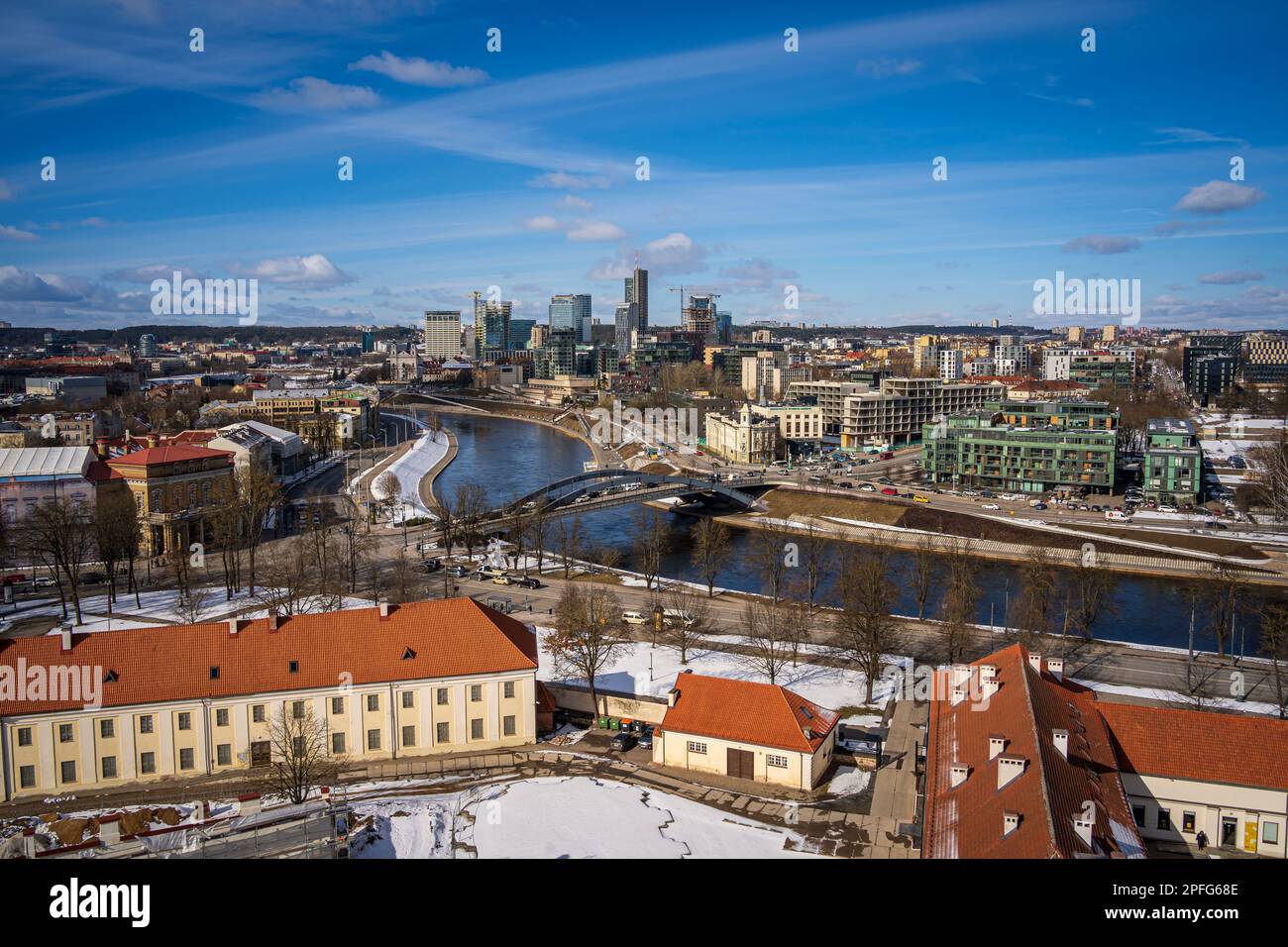 Vilnius City Centre covered in Snow panorama with King Mindaugas bridge ...