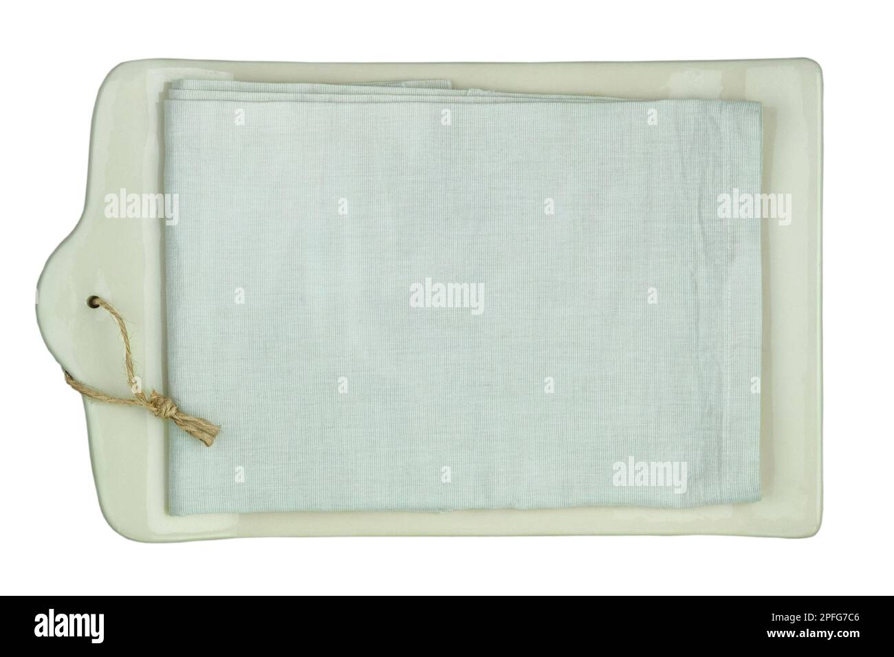 Ceramic kitchen board with a textile beige towel isolated on white ...