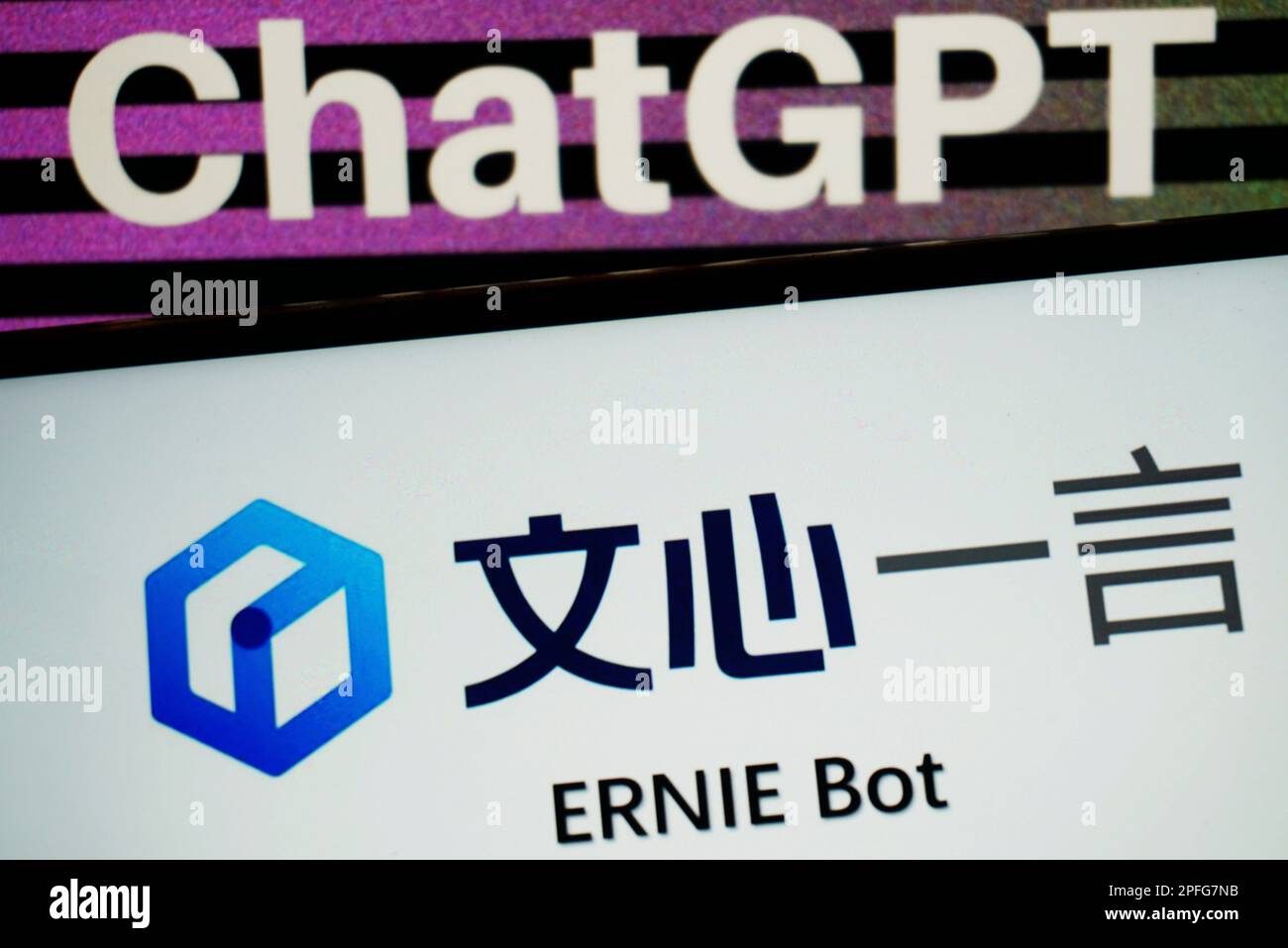 A view of the logo of ERNIE Bot, an AI chatbot service developed by Chinese search engine Baidu ...
