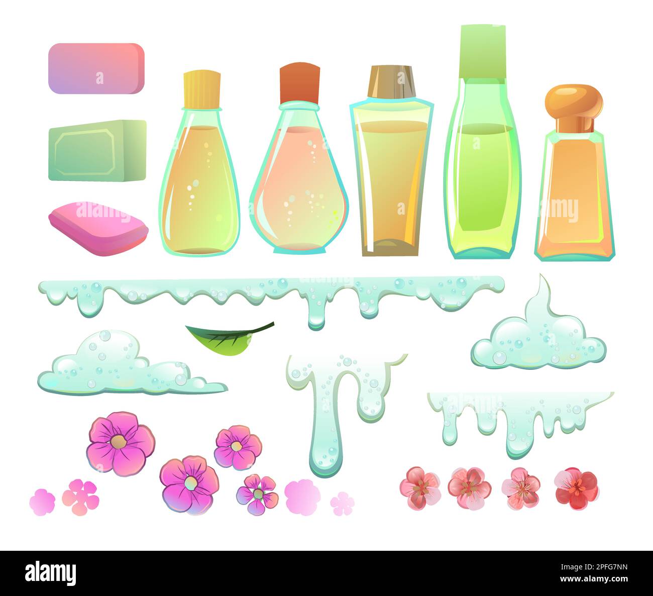 Set Shampoos and soaps with the scent of flowers. objects. Detergent ...