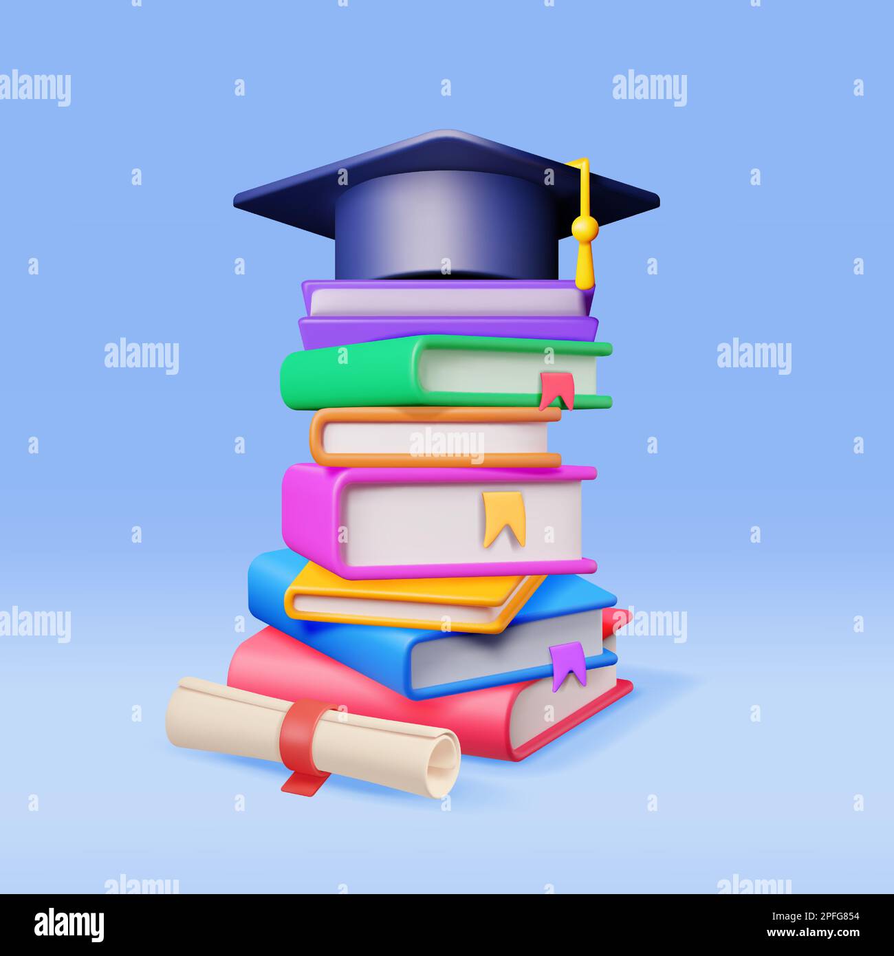 3D Graduation Cap with Diploma and Pile of Books Stock Vector Image ...