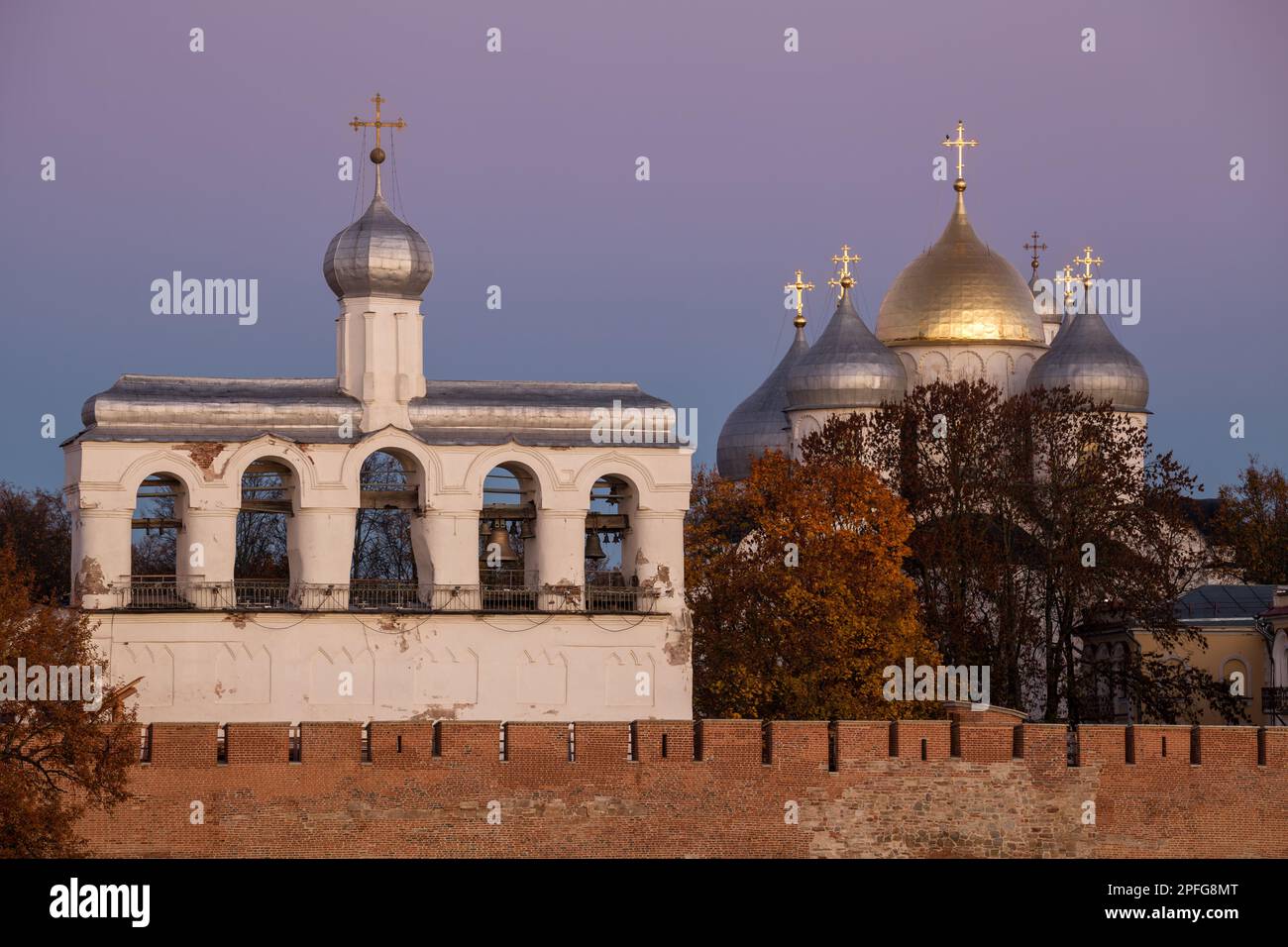 Novgorod Kremlin. Belfry and domes of St. Sophia Cathedral in the early ...