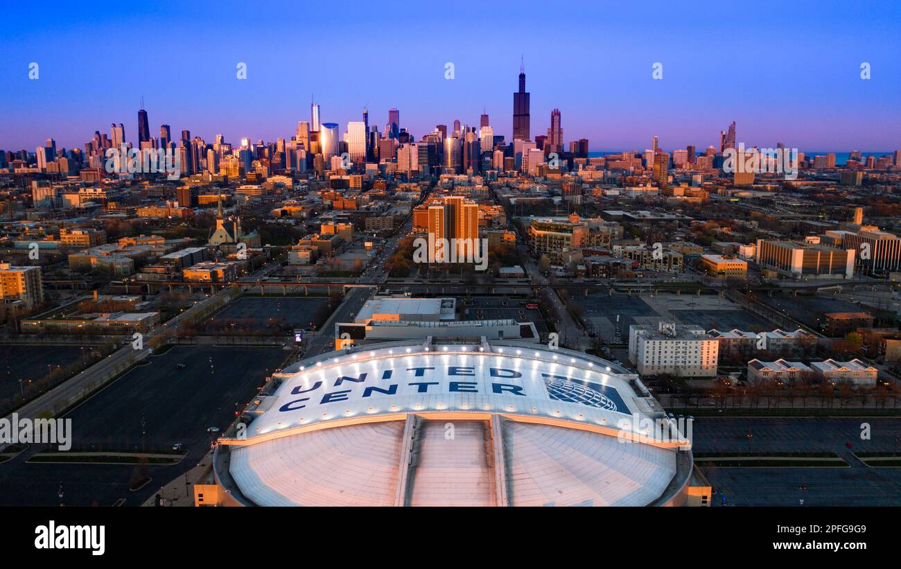Beautiful Aerial View of Iconic United Center Stadium with Chicago ...