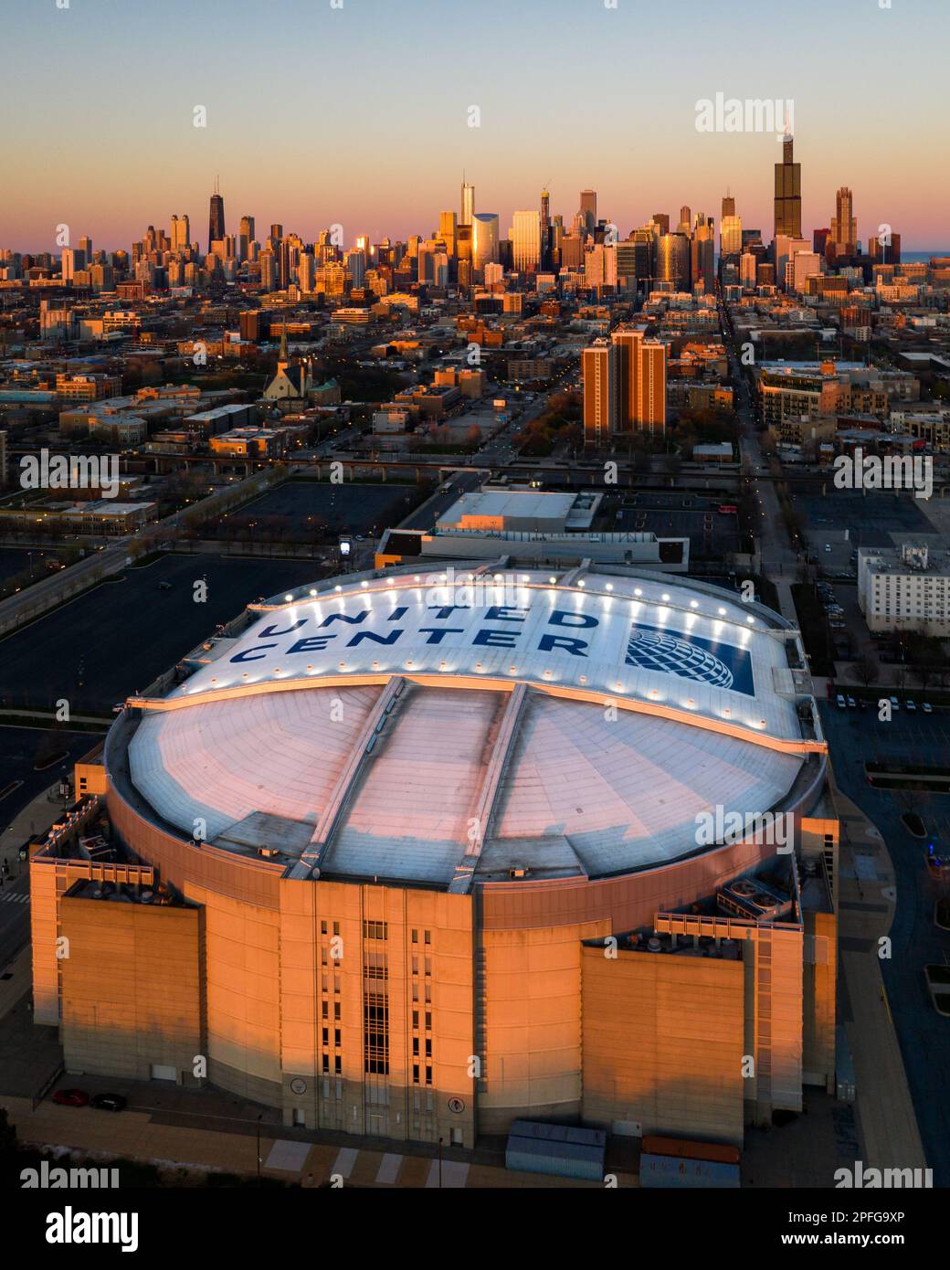 Close Up Aerial View of United Center from Above at Sunset in Chicago ...
