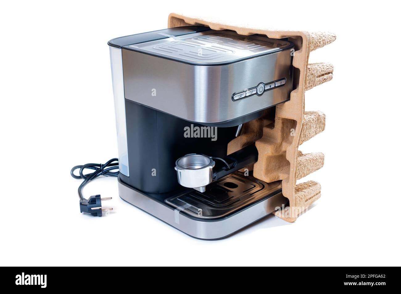 Compact coffee machine in biodegradable cardboard insert isolated on ...