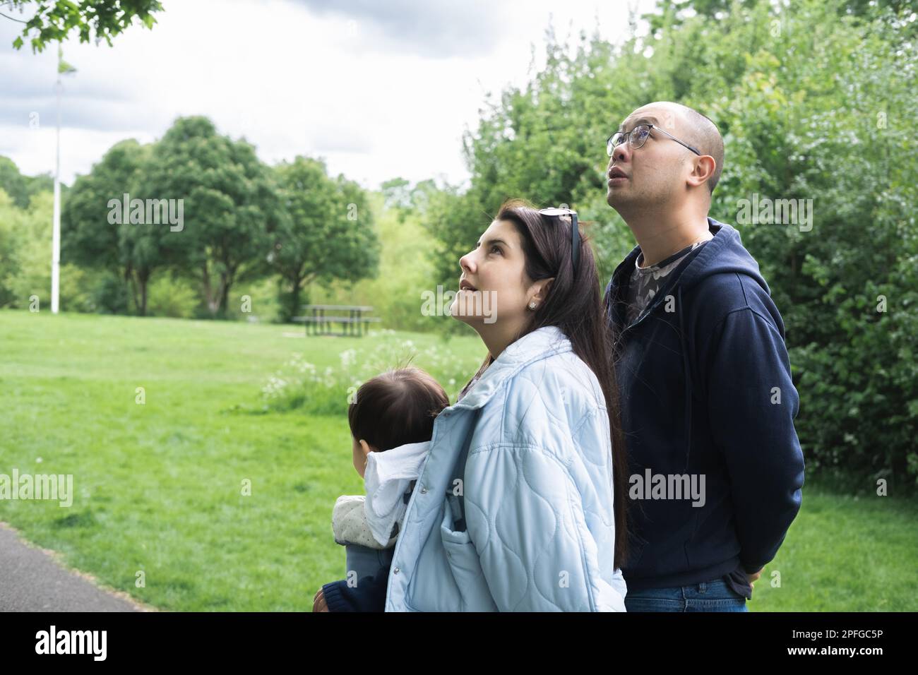 A multicultural family looking up at a tree with a curious expression ...