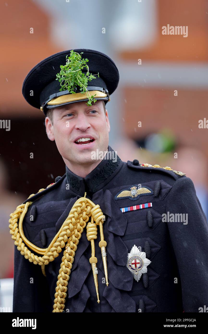 The Prince of Wales with traditional Shamrock in his cap, smiles during ...
