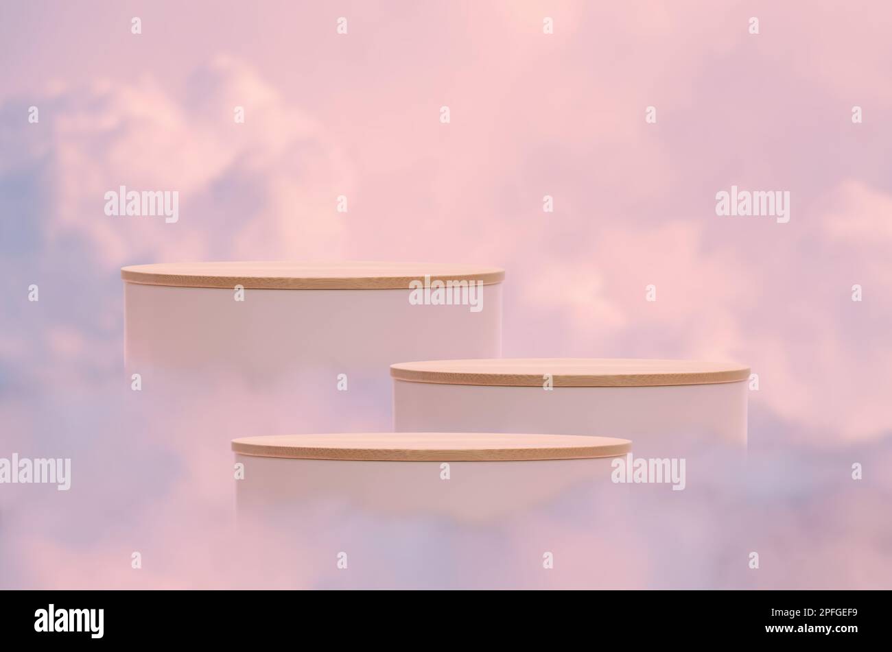Surreal podium outdoor on blue sky pink violet pastel soft clouds with ...