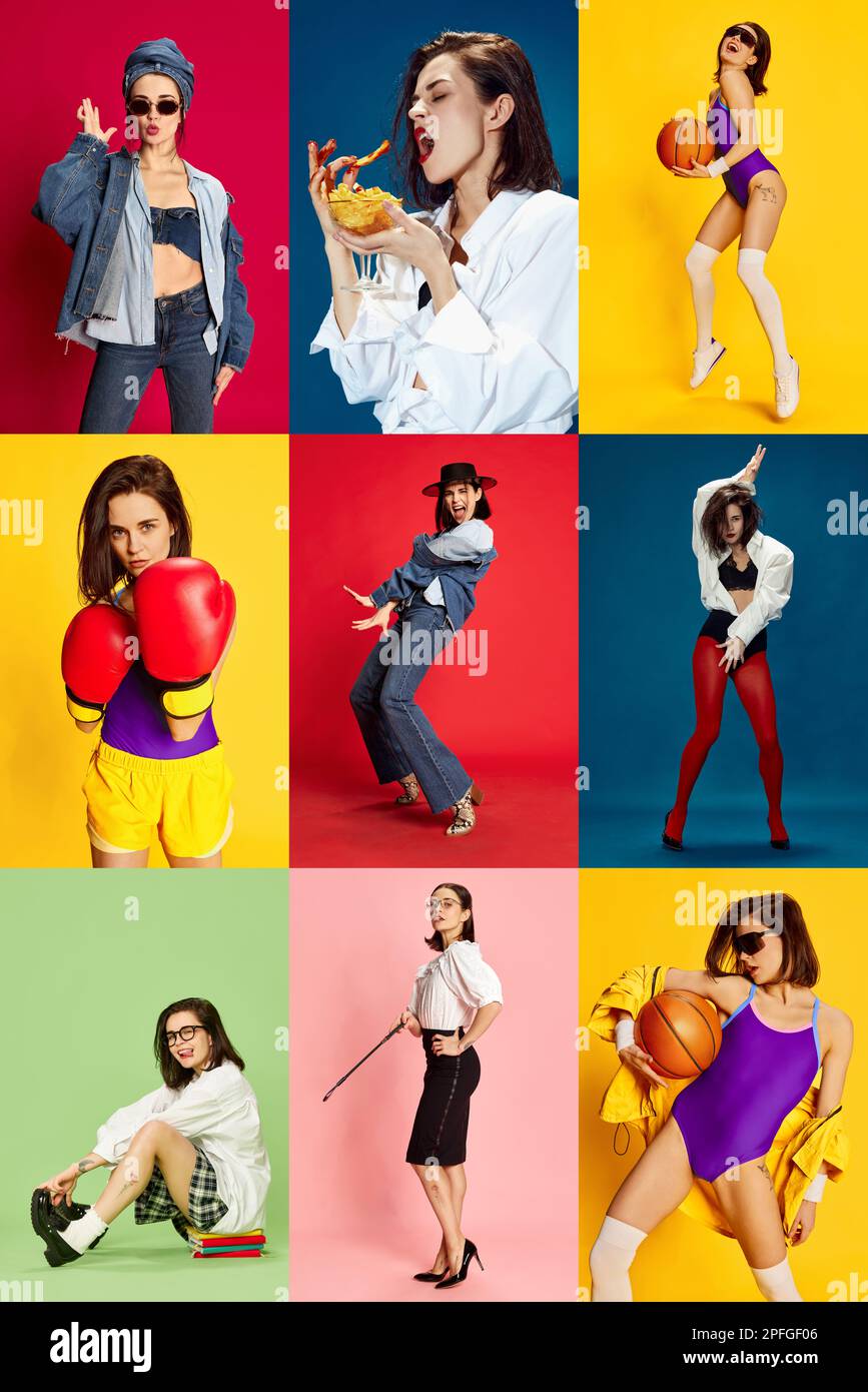 Collage. Set of portraits of beautiful young woman in diverse clothes ...