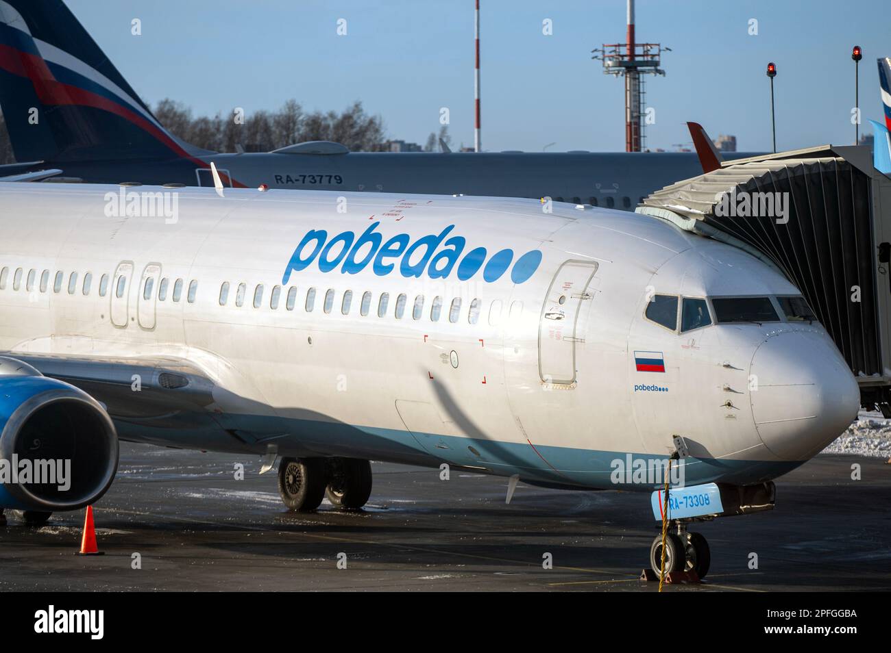 ST.PETERSBURG - MAR 09: Airplane with Pobeda airline logotype, Boeing ...