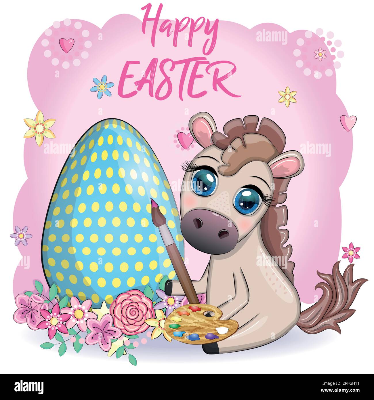 Cute horse with an Easter egg. Easter character and postcard Stock ...