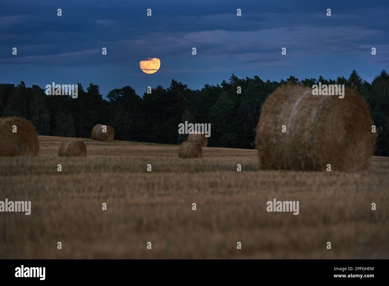 Full moon over forest field with bales of straw Stock Photo - Alamy