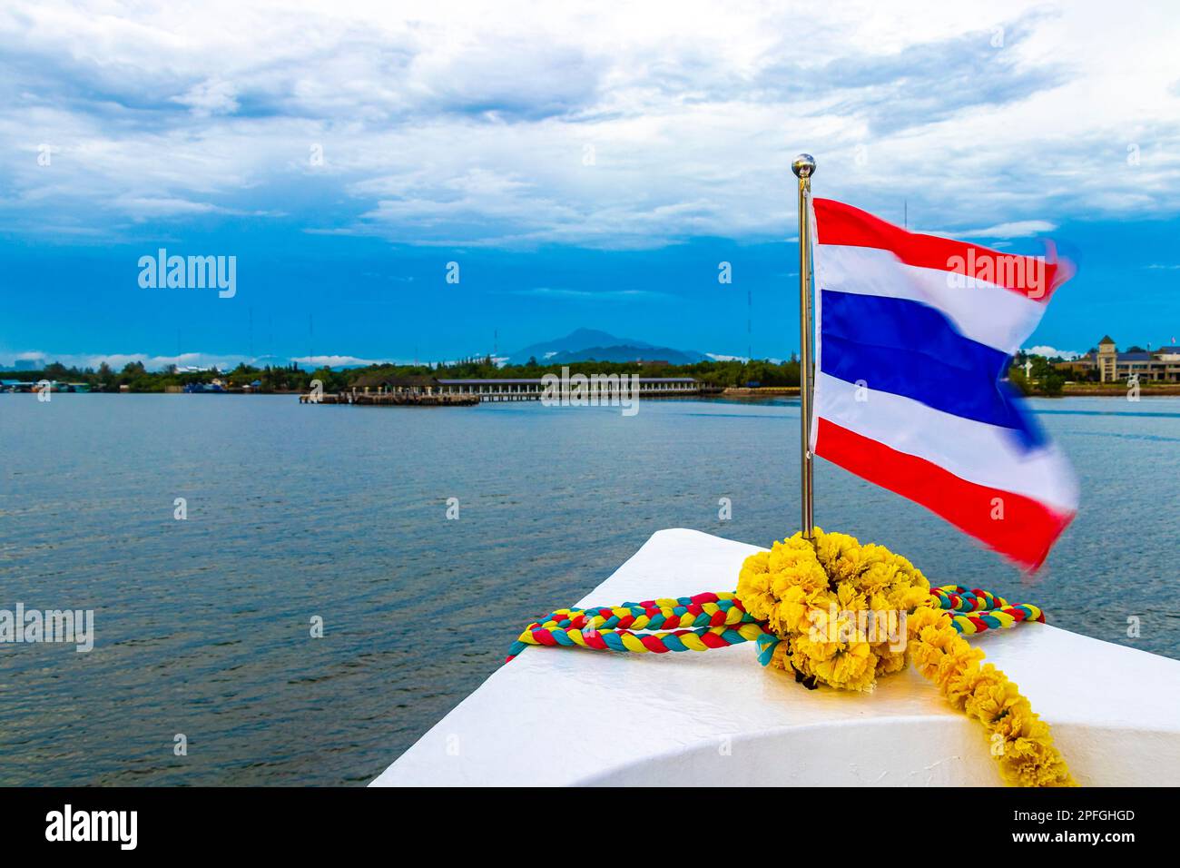 Thailand Thai flag on boat on tour in Ao Nang Amphoe Mueang Krabi ...