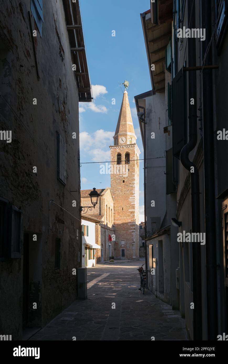 Grado, Italy - View of the bell tower of the ancient basilica at the ...