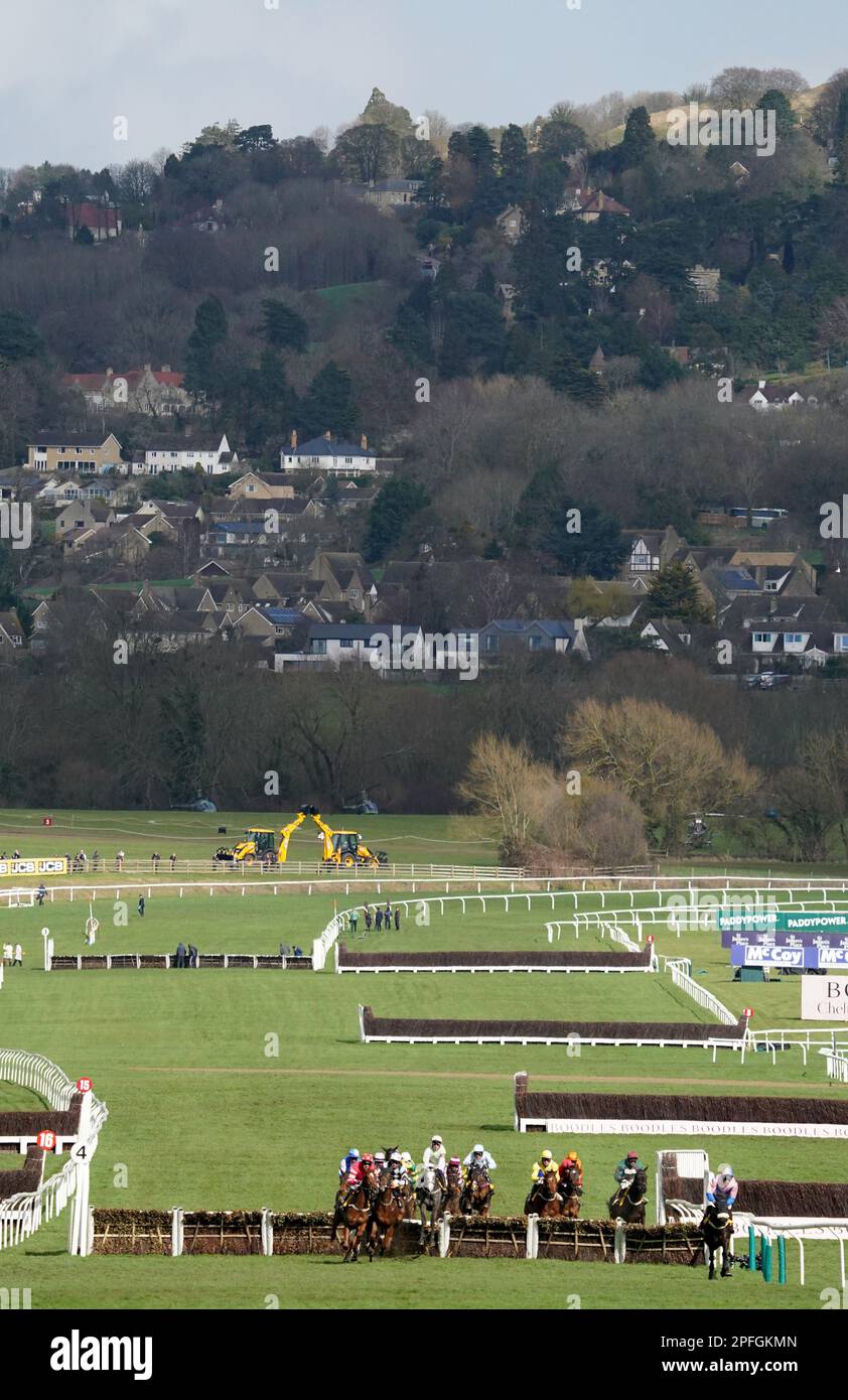 Runners and riders during the JCB Triumph Hurdle on day four of the ...