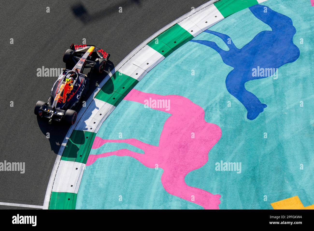 Red Bull driver Sergio Perez of Mexico steers his car during the first free practice ahead of ...