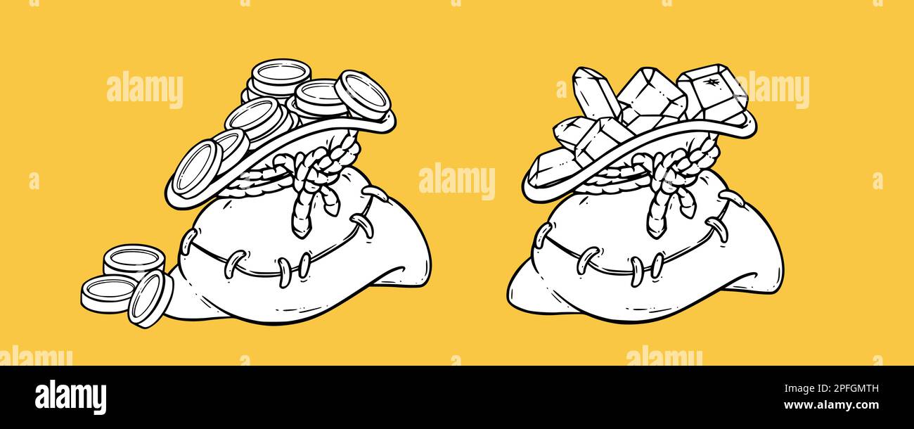 Bag with coins and gems. Game sack with golden coins and prescious ...