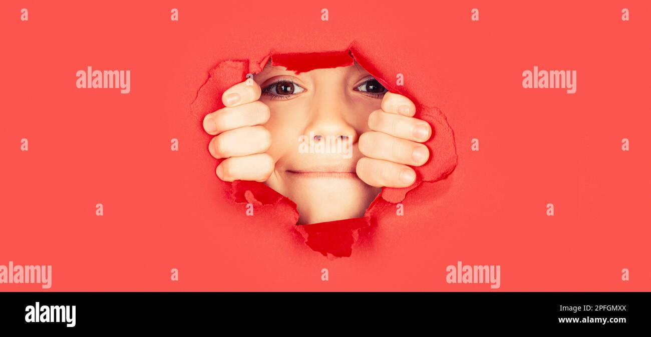 Breaking paper background. Emotions concept. Positive child with toothy ...