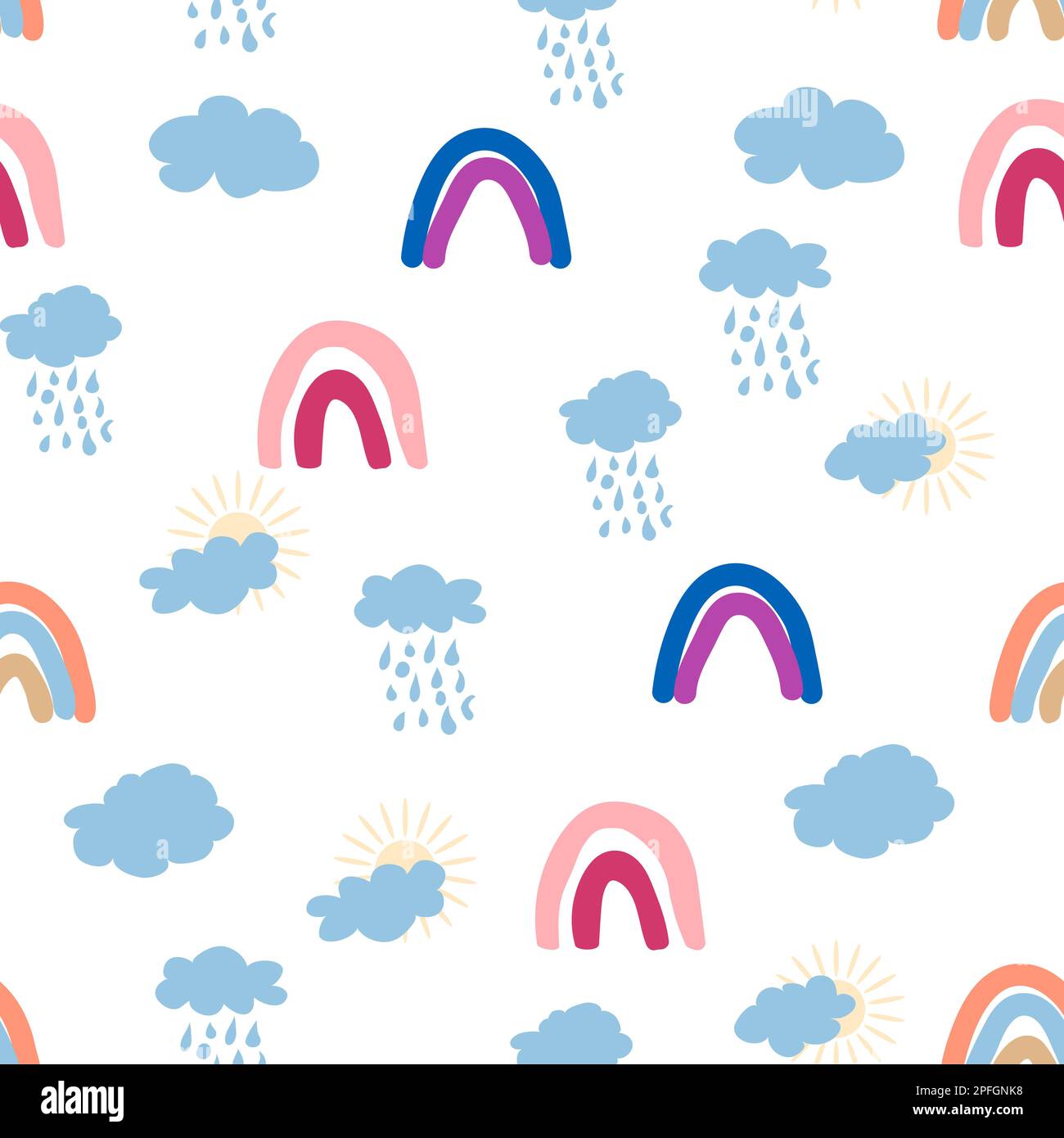 Rainbow, cloud, sun seamless pattern for newborns. Cute and delicate ...