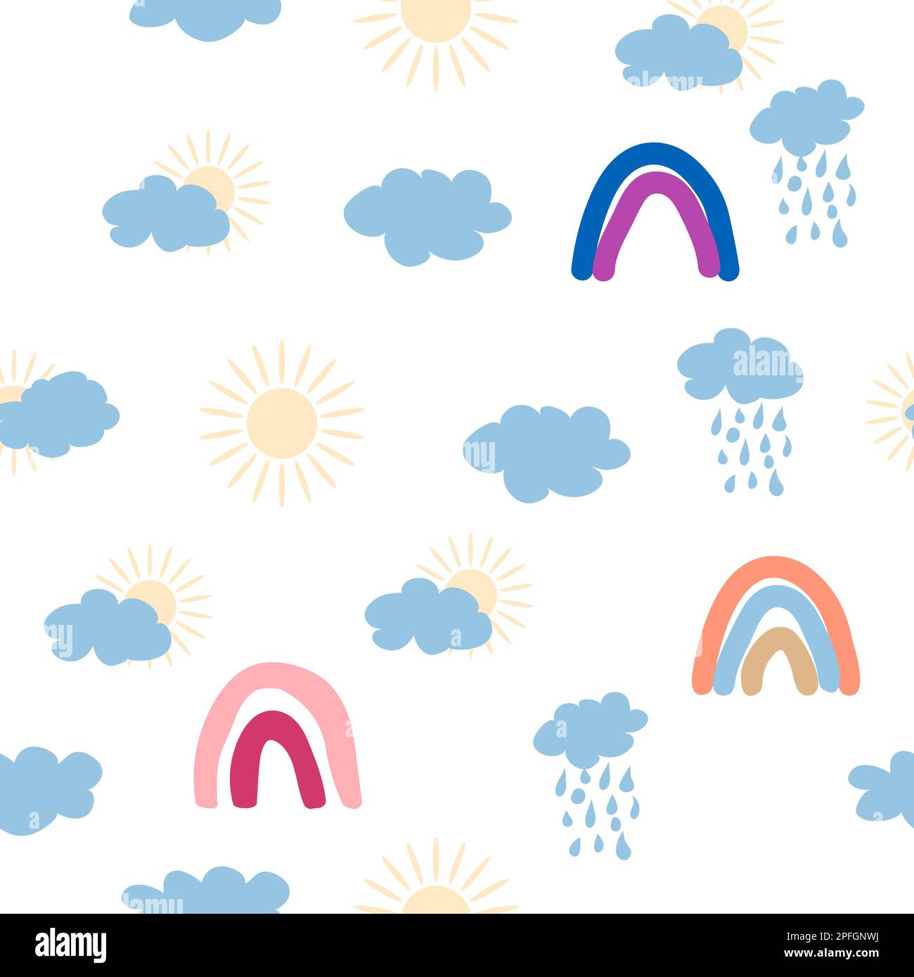 Rainbow, cloud, sun seamless pattern for newborns. Cute and delicate ...