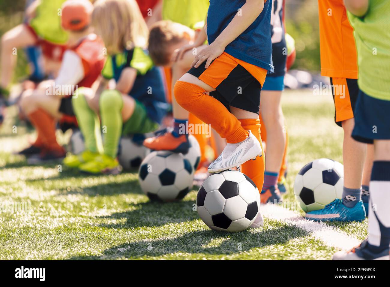 Group of Children With Football Soccer Balls at Training Class. Outdoor ...