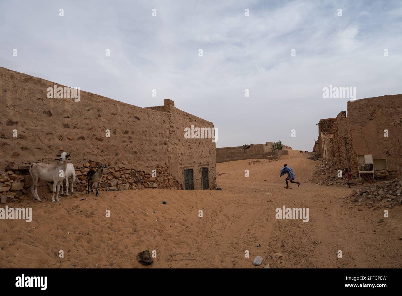 A street in the ancient city of Chinguetti, Mauritania, filled with ...
