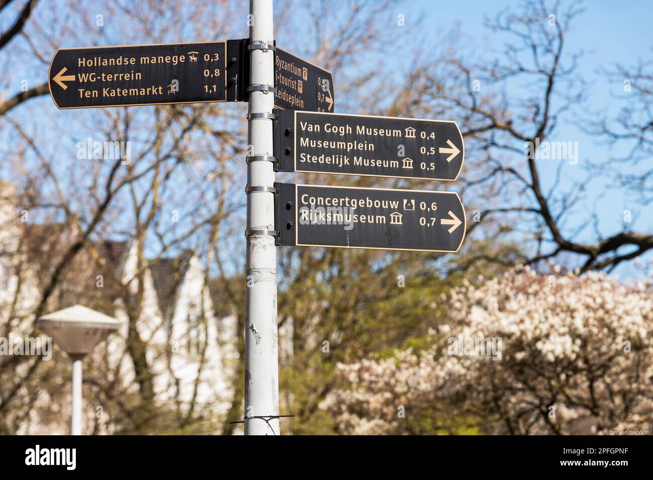 Tourist signage to various destinations in the center of Amsterdam ...