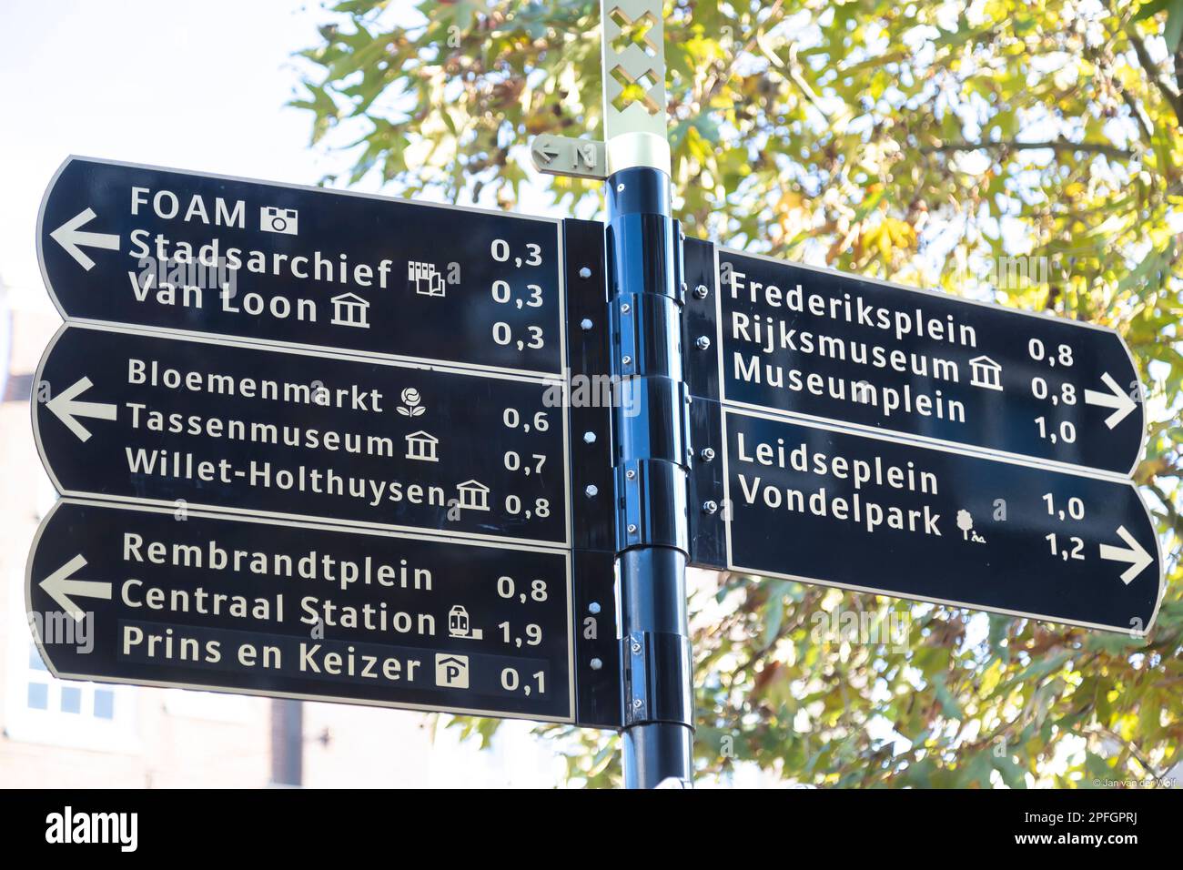 Tourist signage to various destinations in the center of Amsterdam ...