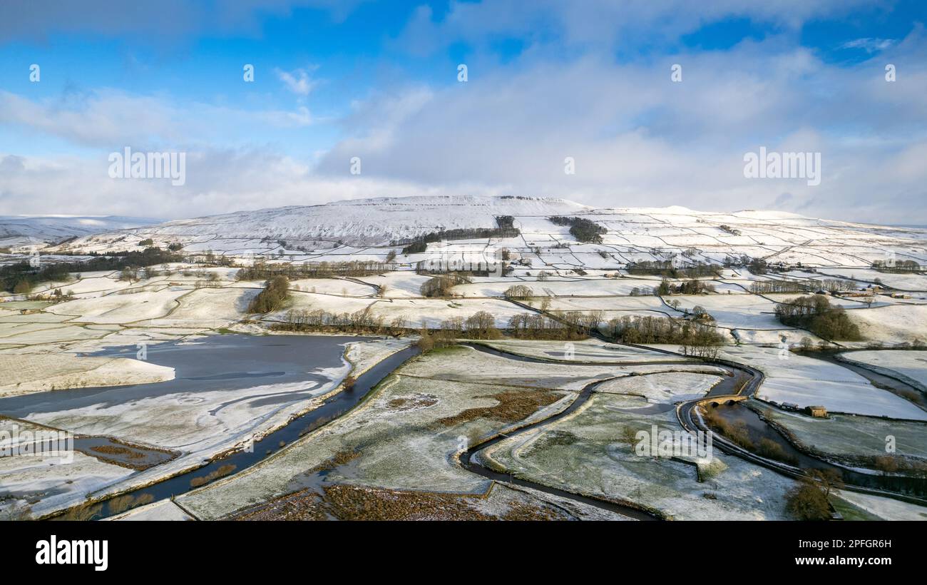 Flood plain of the River Ure near Hawes in North Yorkshire covered in ...