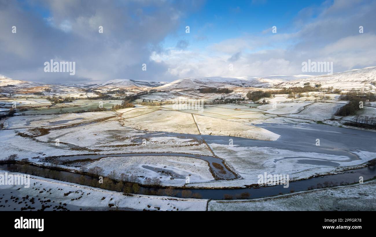 Flood plain of the River Ure near Hawes in North Yorkshire covered in ...