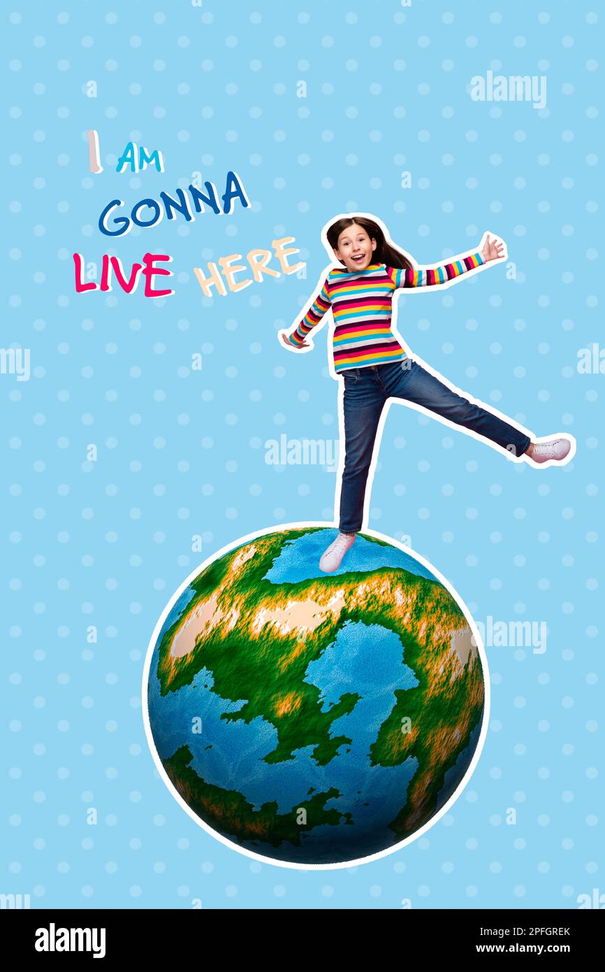 Small activist girl srand on big planet earth globe know there is no ...