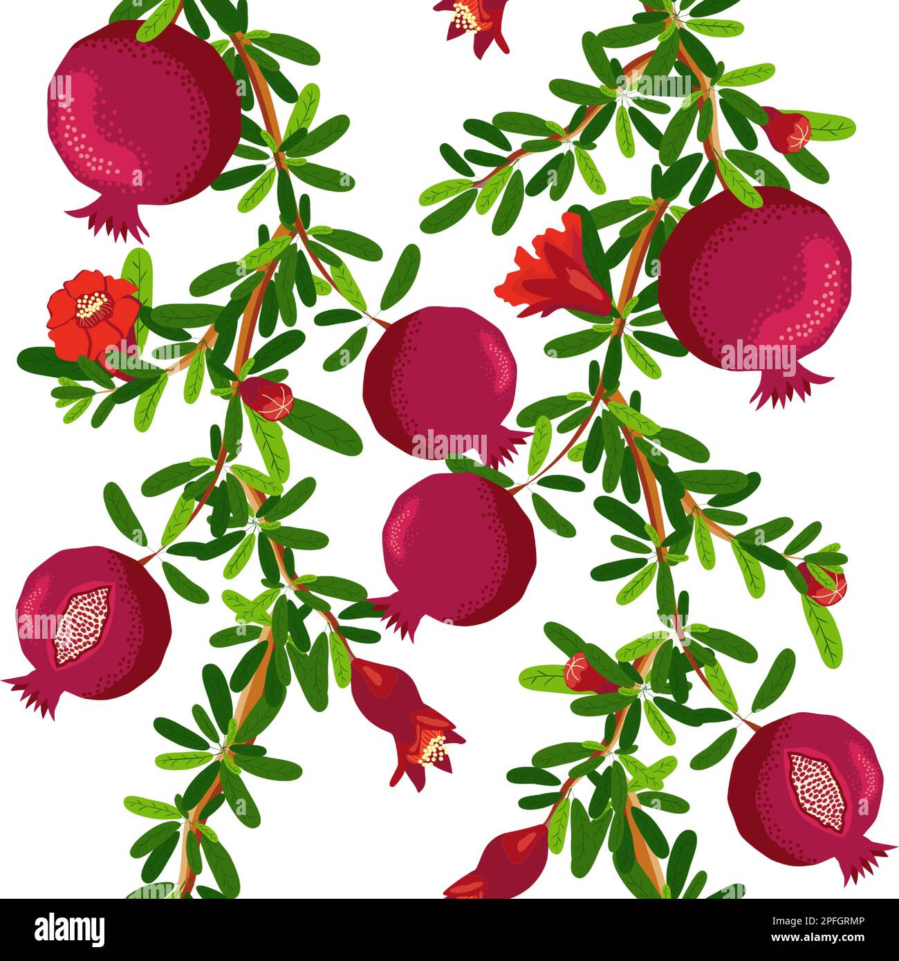 Pomegranate branches with fruits and flowers Seamless pattern. Bright ...