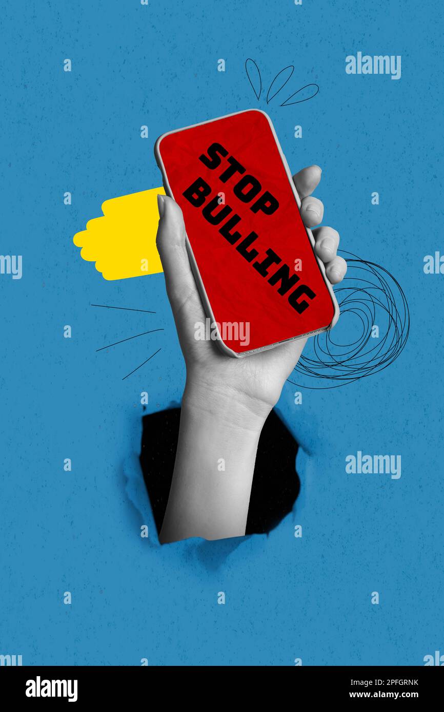 Conceptual collage picture hand breakthrough torn paper background hold ...