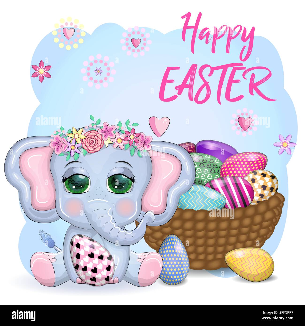 Cute cartoon elephant, childish character with beautiful eyes holding ...