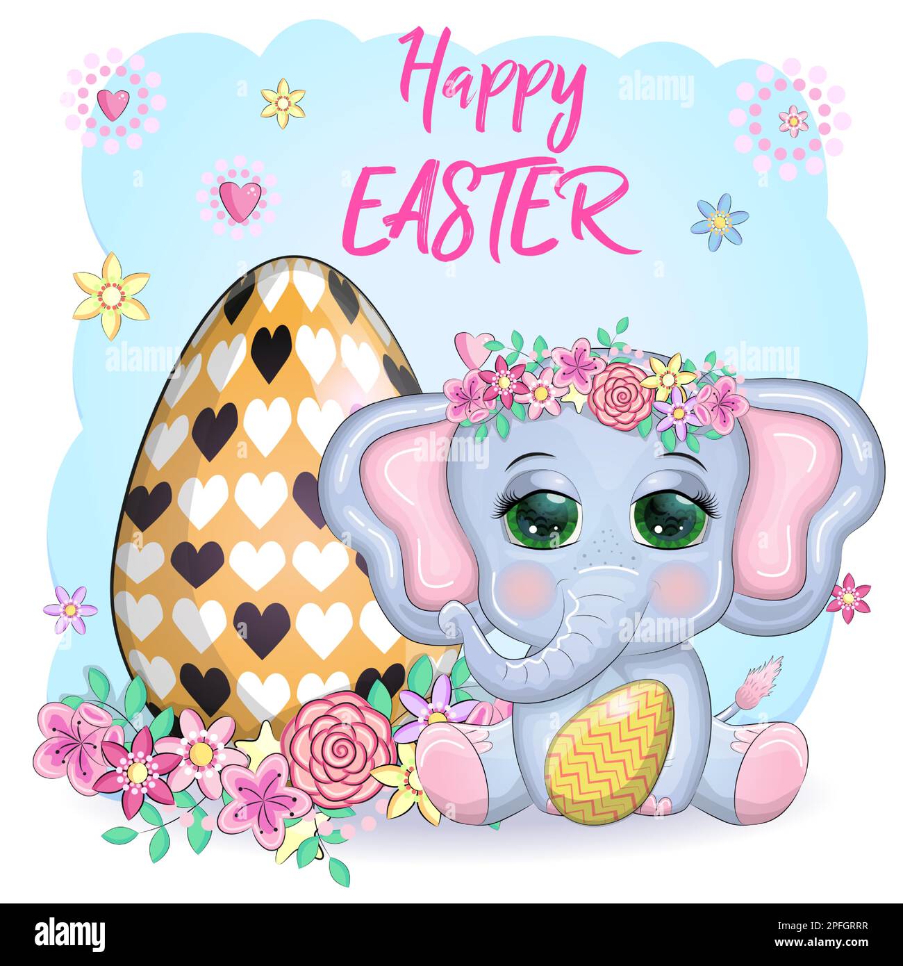 Cute cartoon elephant, childish character with beautiful eyes holding ...