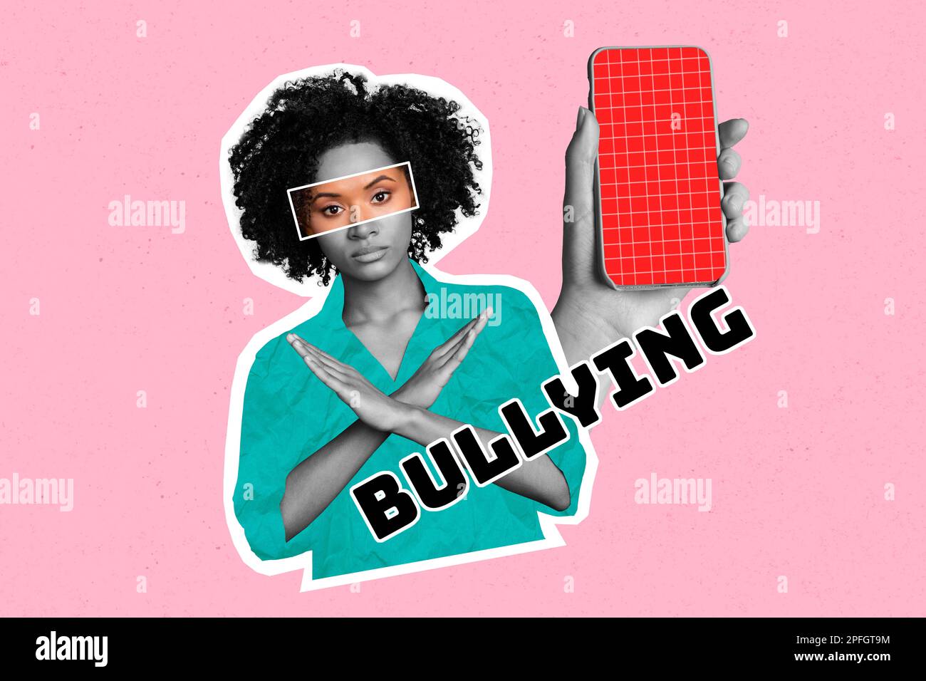 Creative magazine banner collage of young lady crossing arms stop ... Creative magazine banner collage of young lady crossing arms stop ...