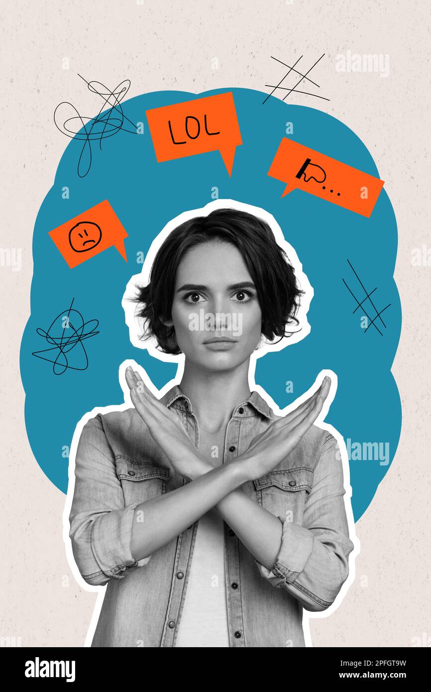 Creative magazine template collage of serious young lady blogger ...