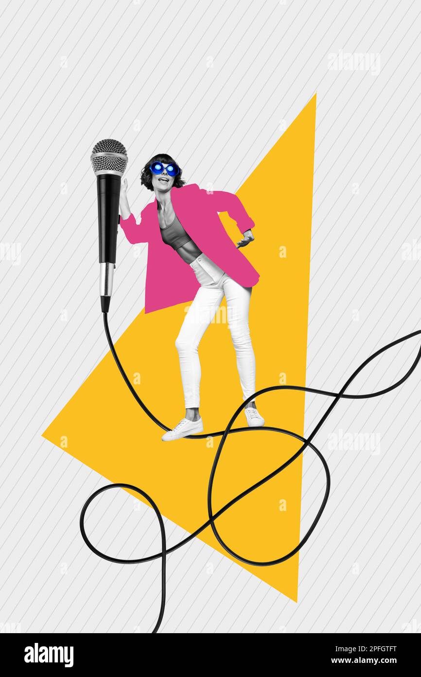 Creative picture magazine collage of funky cool crazy young lady hold ...