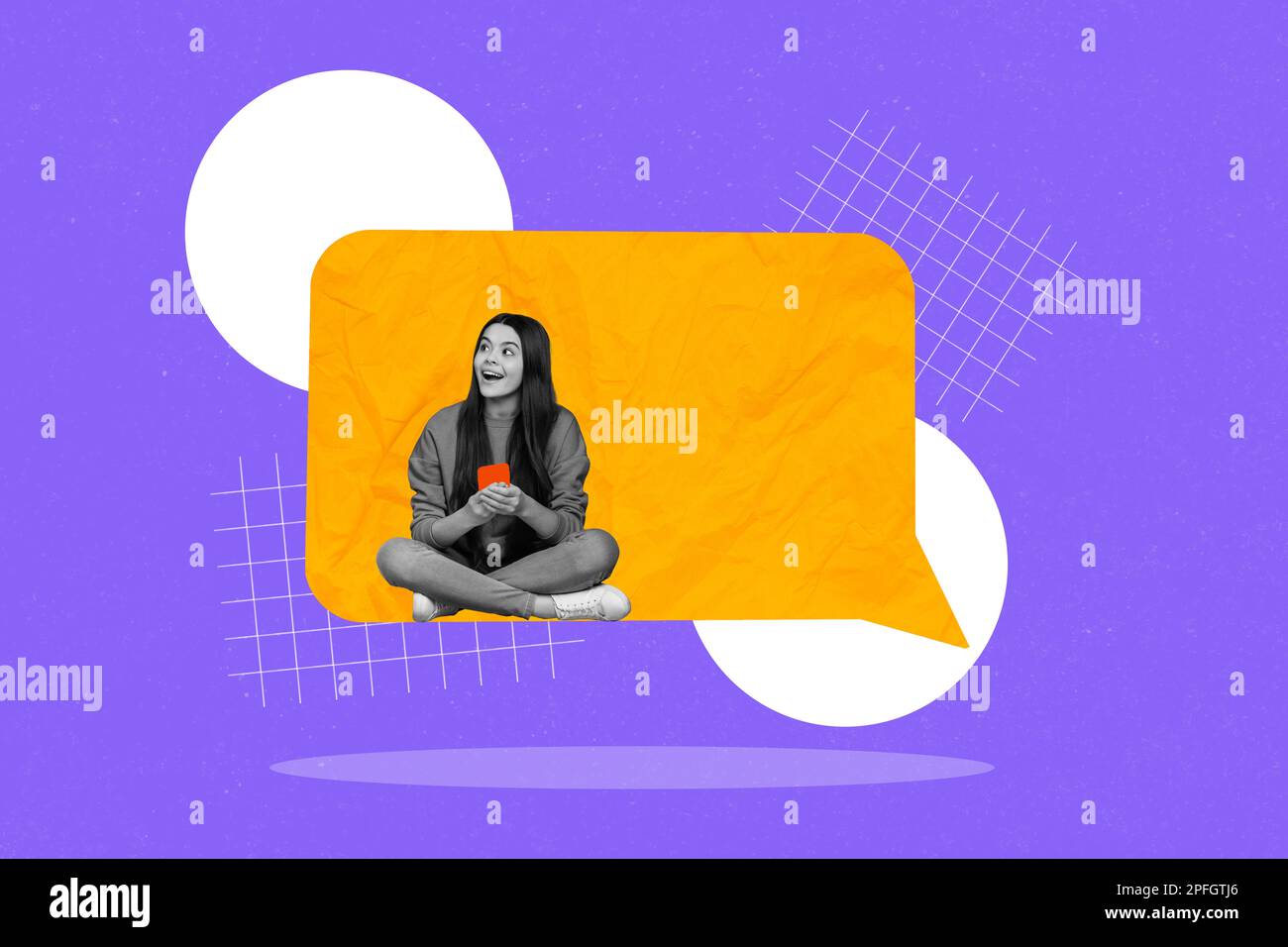 Creative vivid collage template of amazed teen lady sitting in text box ... Creative vivid collage template of amazed teen lady sitting in text box ...
