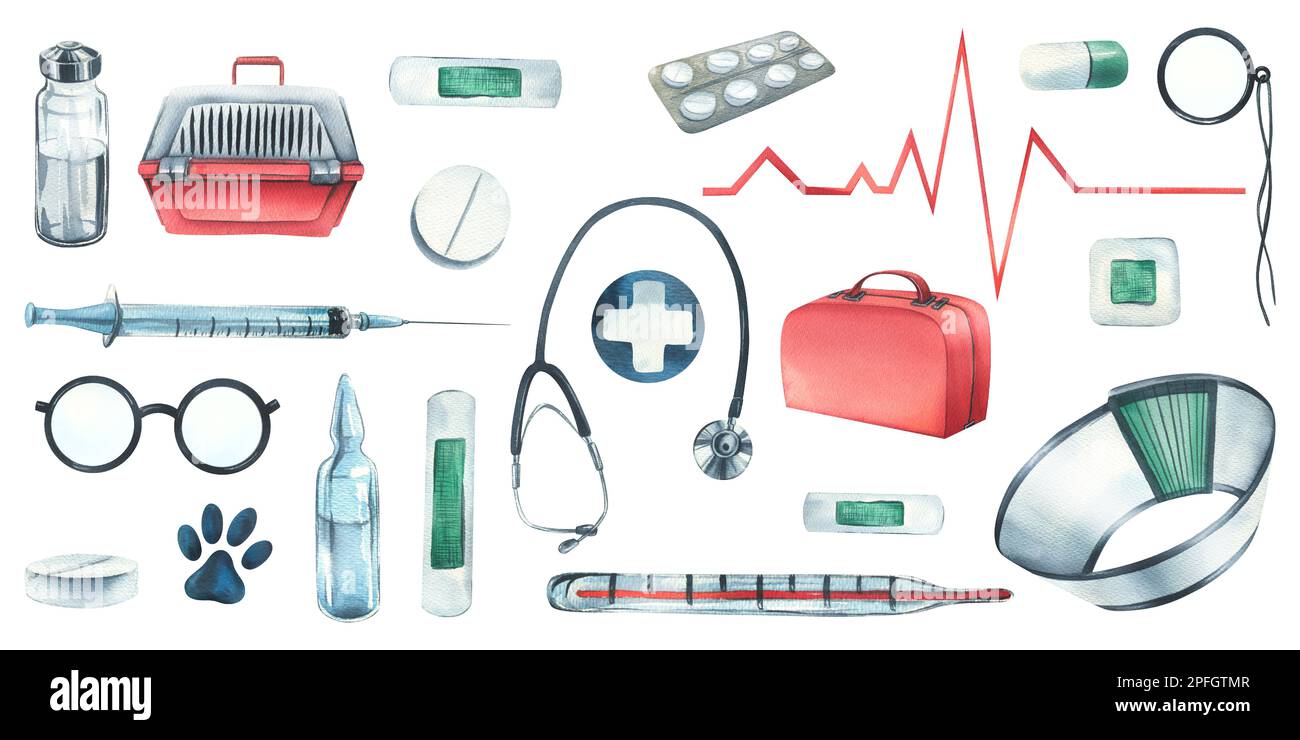 Veterinary equipment. Watercolor illustration. Set from the VETERINARY ...