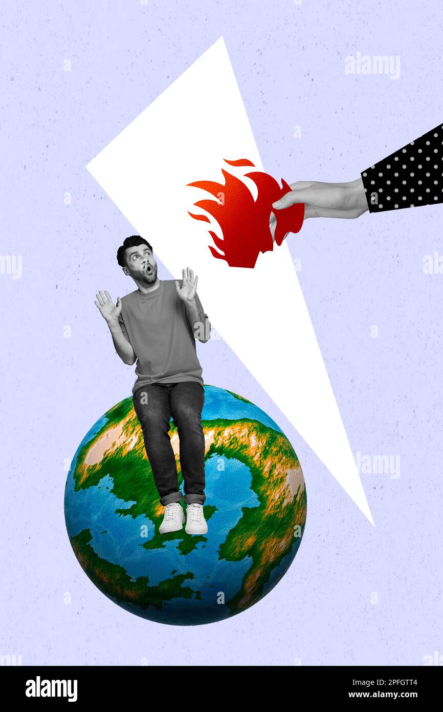 Creative picture magazine collage of scared young guy sit earth planet ...