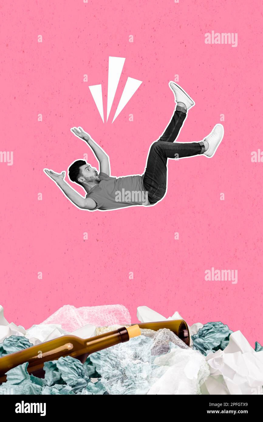 Creative image trend collage of scared young guy falling down into dump ...