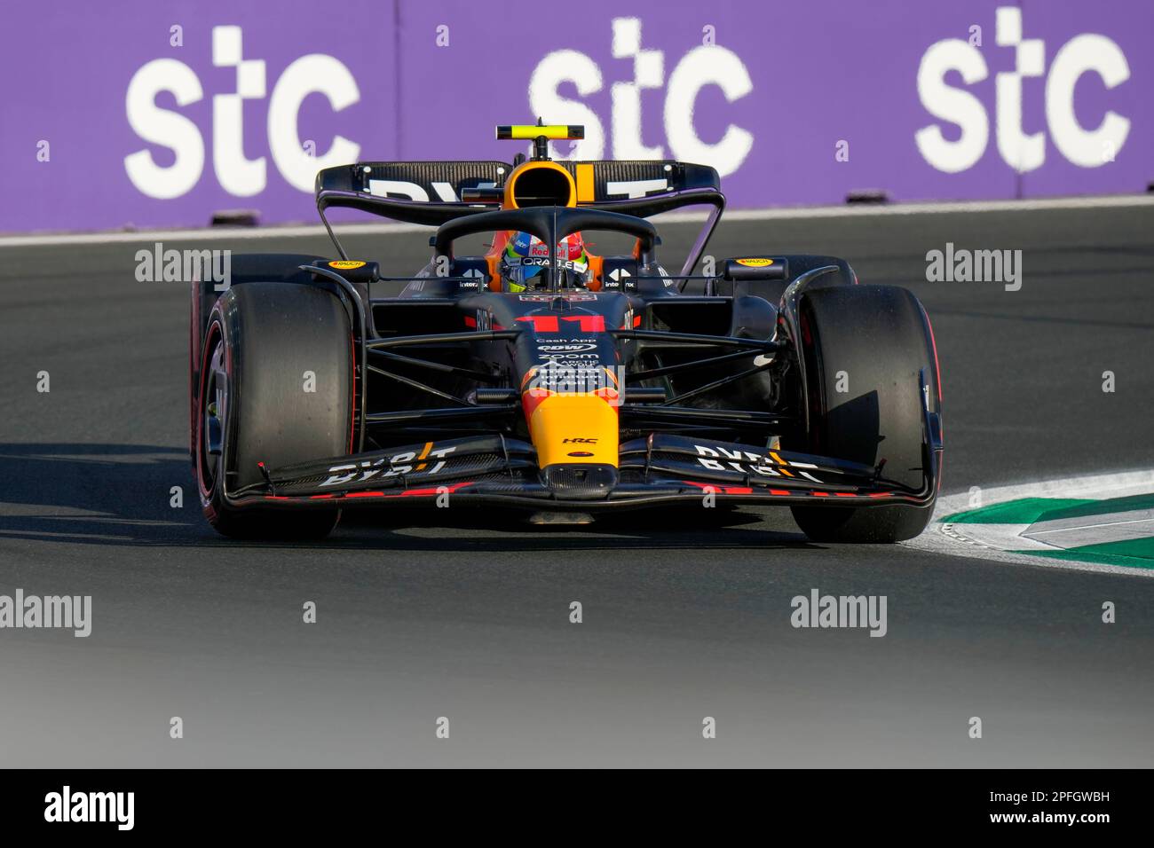 Red Bull driver Sergio Perez of Mexico steers his car during the first free practice ahead of ...