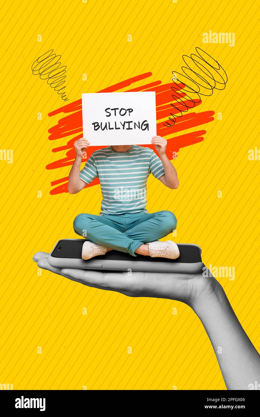 Vertical collage young man against aggression sitting smartphone ...