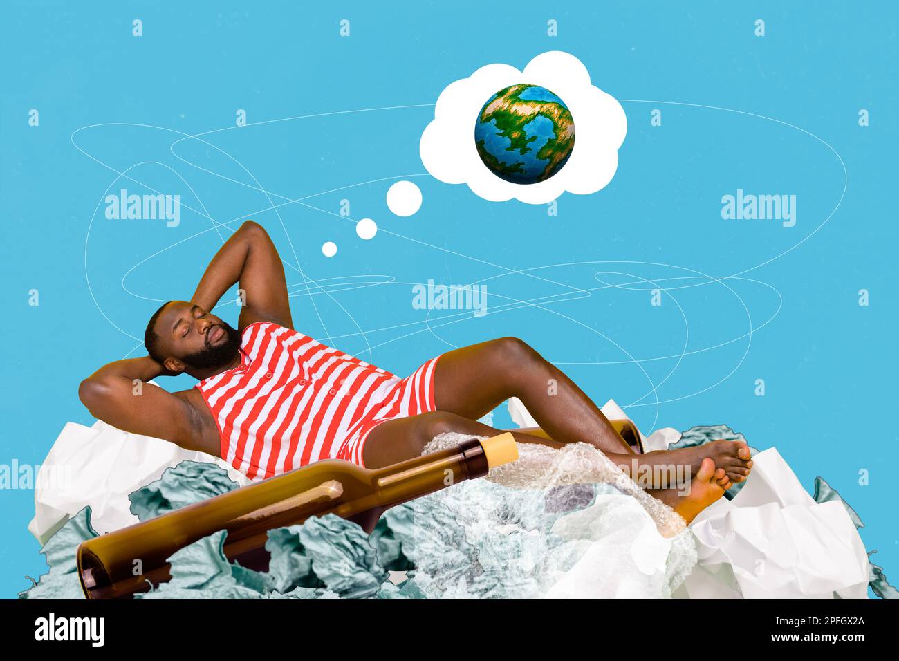 Young man sleeping among world ocean trash dream of clean ecology save ...